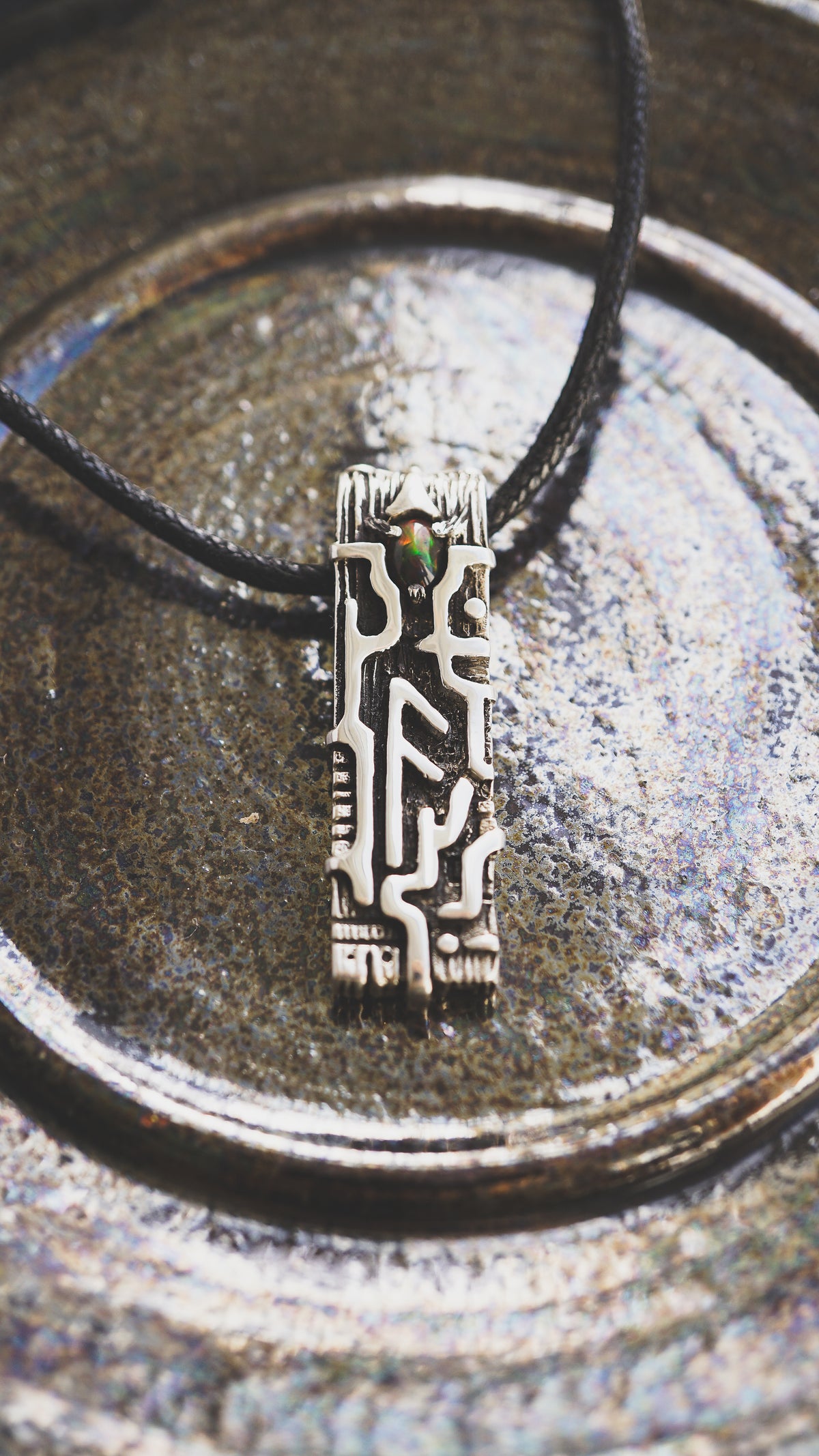Viking runes silver necklace with Black Opal ANSUZ