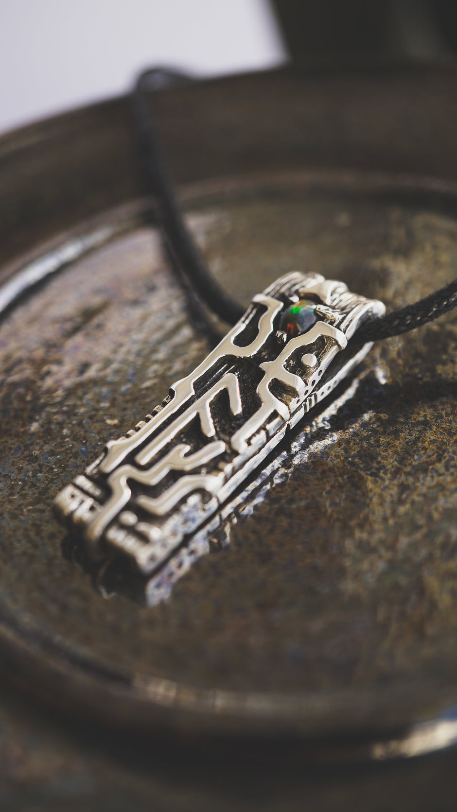 Viking runes silver necklace with Black Opal ANSUZ