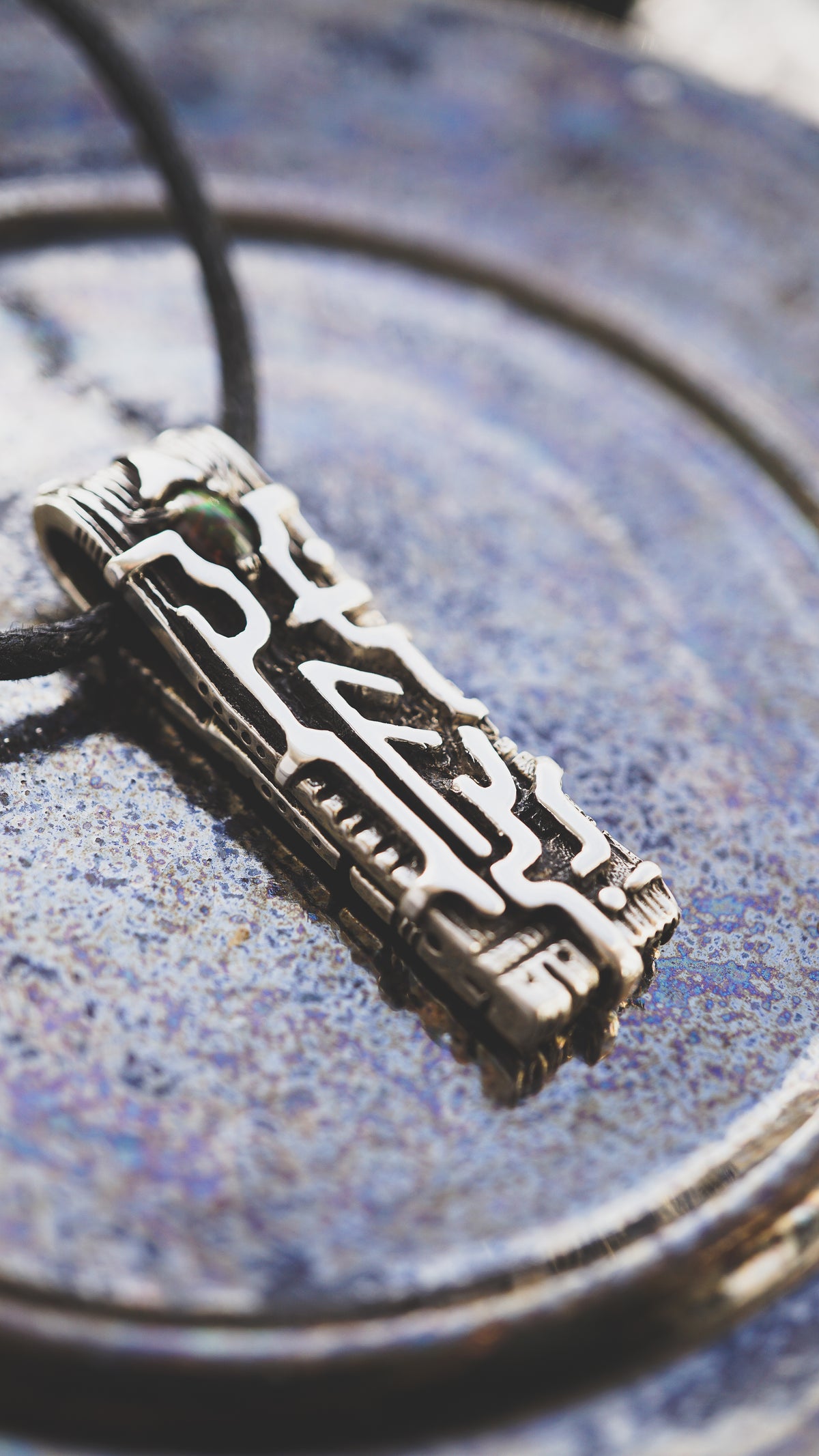 Viking runes silver necklace with Black Opal ANSUZ